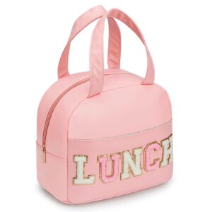 dirgee lunch bag for women - pink, leather, unisex, meal holder, waterproof, insulated, reusable, portable, 9.4l capacity, cute chenille letters design