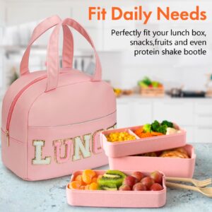 DIRGEE Lunch Bag for Women - Pink, Leather, Unisex, Meal Holder, Waterproof, Insulated, Reusable, Portable, 9.4L Capacity, Cute Chenille Letters Design