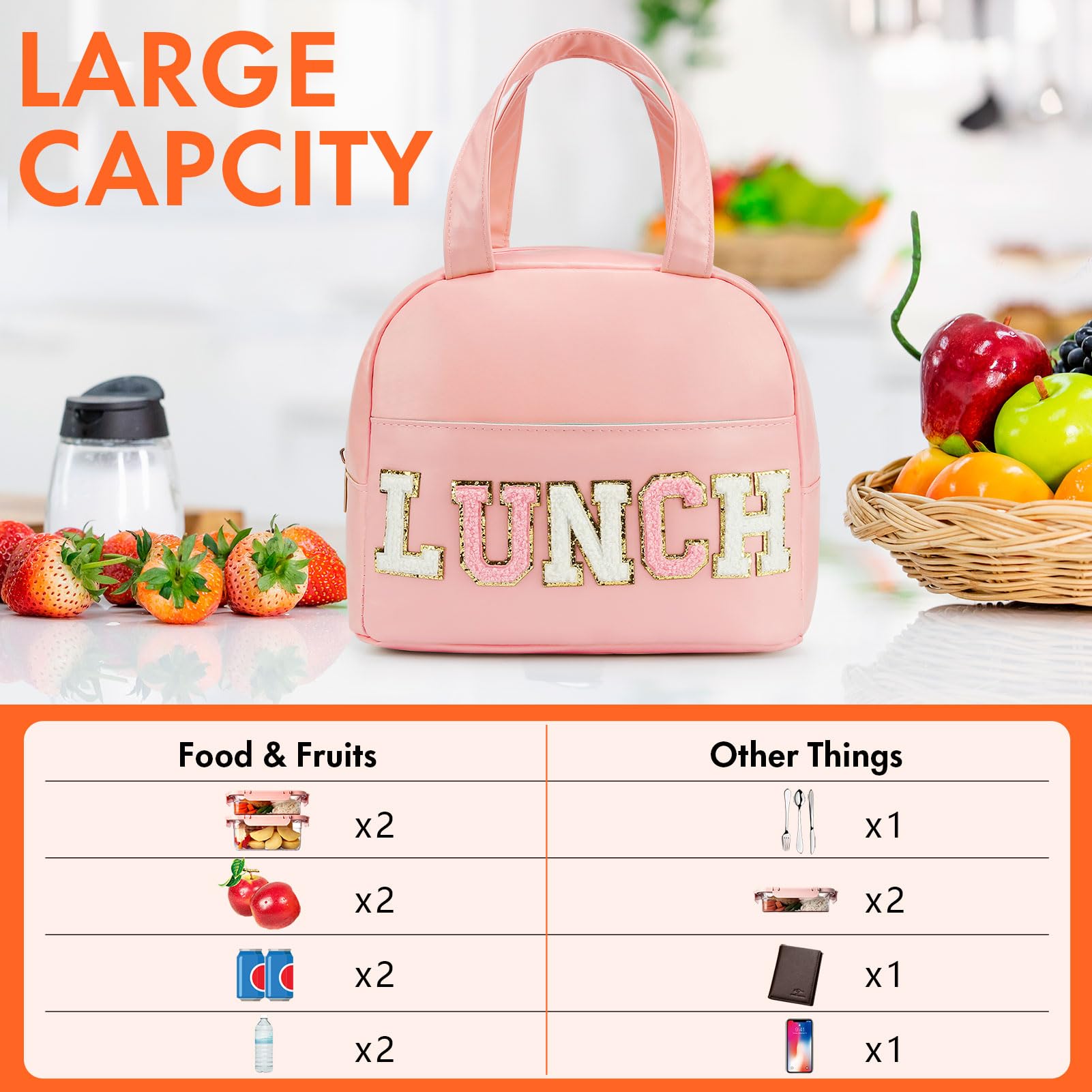 DIRGEE Lunch Bag for Women - Pink, Leather, Unisex, Meal Holder, Waterproof, Insulated, Reusable, Portable, 9.4L Capacity, Cute Chenille Letters Design