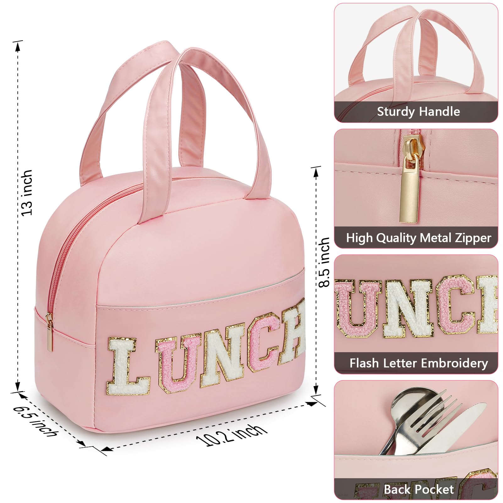 DIRGEE Lunch Bag for Women - Pink, Leather, Unisex, Meal Holder, Waterproof, Insulated, Reusable, Portable, 9.4L Capacity, Cute Chenille Letters Design