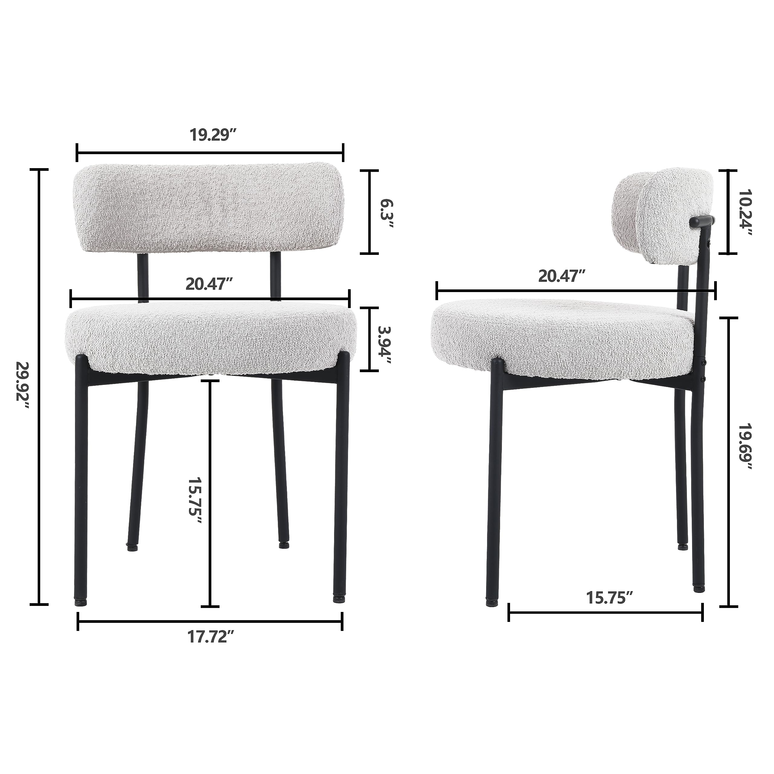 ALEAVIC Mid Century Modern Dining Chairs Set of 4, Curved Backrest Round Upholstered Kitchen Room Chairs, Comfortable Boucle Dining Chairs with Metal Legs, Light Grey