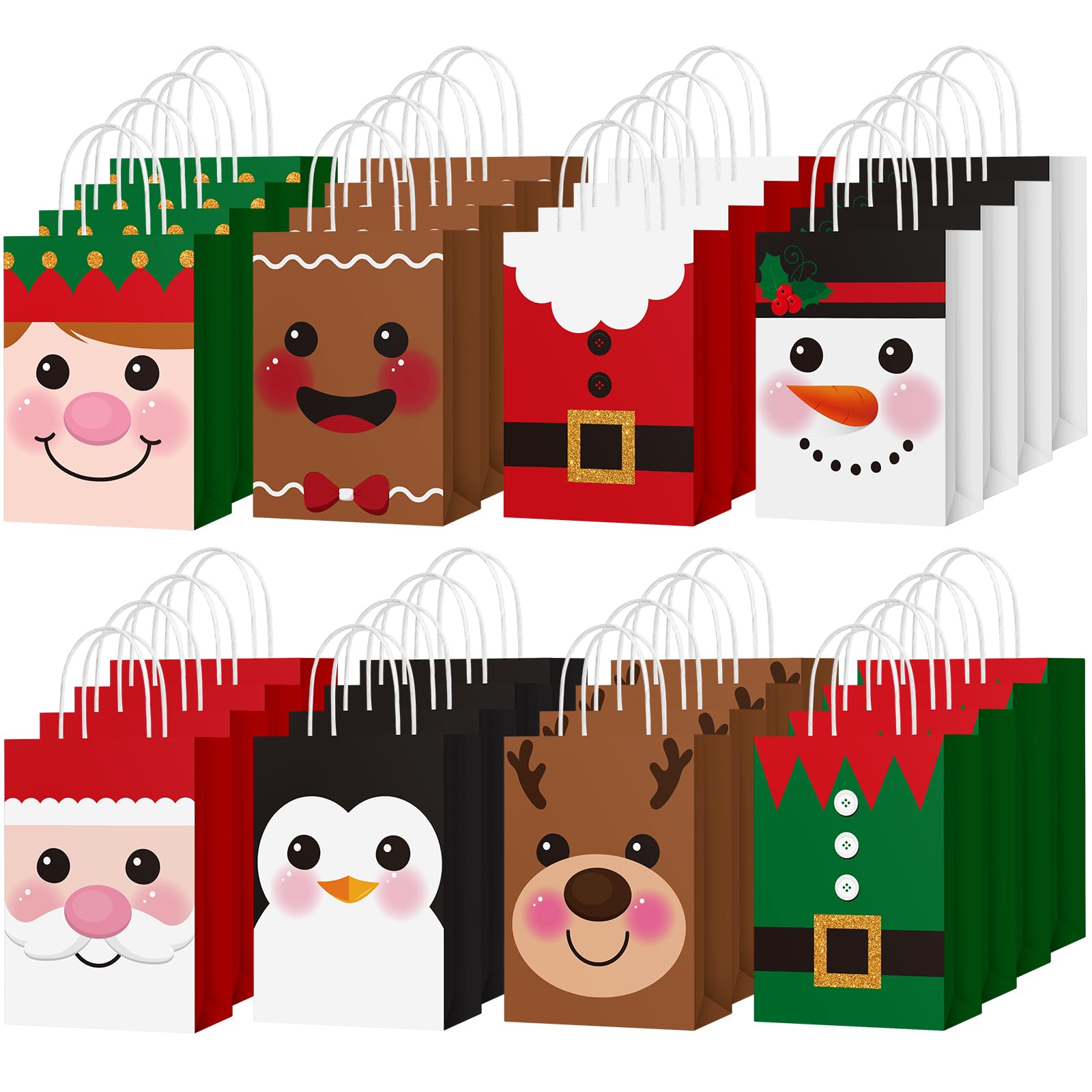 Yeaqee 80 Pcs Christmas Gift Bags with Handles Small Size Reusable Merry Christmas Kraft Goodie Bags Holiday Gift Wrapping Paper Bags for Kids Party Supplies 8.3 x 5.9 x 3.15''(Penguin, Snowman, Elk)