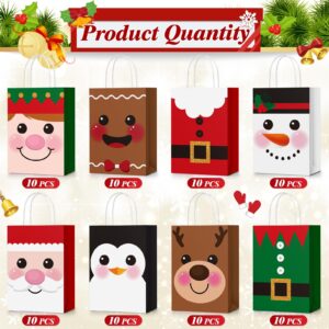 Yeaqee 80 Pcs Christmas Gift Bags with Handles Small Size Reusable Merry Christmas Kraft Goodie Bags Holiday Gift Wrapping Paper Bags for Kids Party Supplies 8.3 x 5.9 x 3.15''(Penguin, Snowman, Elk)