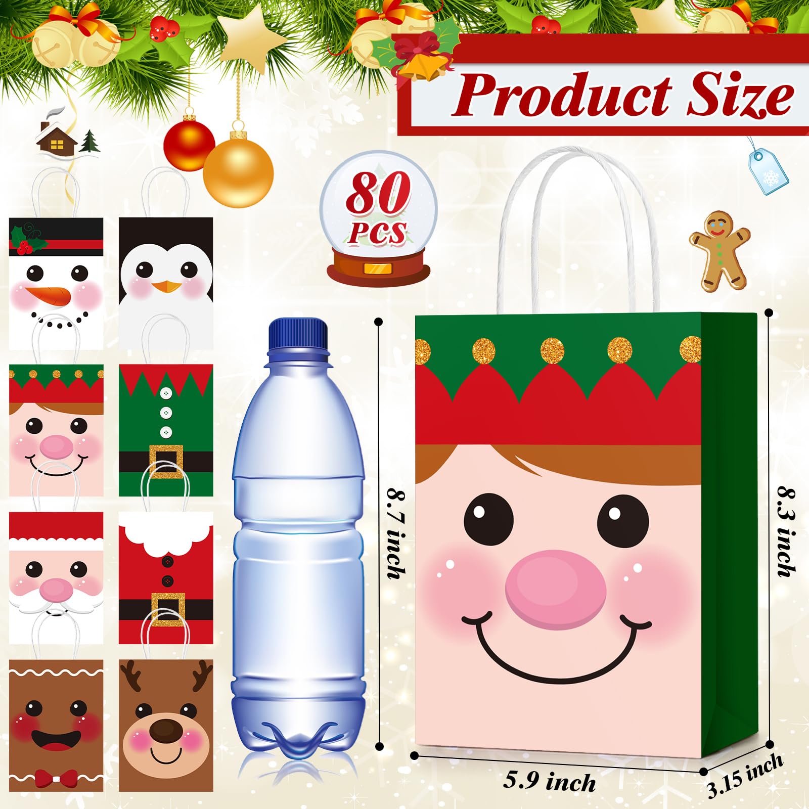 Yeaqee 80 Pcs Christmas Gift Bags with Handles Small Size Reusable Merry Christmas Kraft Goodie Bags Holiday Gift Wrapping Paper Bags for Kids Party Supplies 8.3 x 5.9 x 3.15''(Penguin, Snowman, Elk)