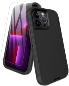 aliruke for iphone 13 pro max case, with screen protector, dust-proof port cover, full-body non-slip silicone rubber covered, military grade drop-proof shockproof phone case, black/black