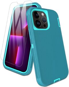 aliruke for iphone 13 pro max case, with screen protector, dust-proof port cover, full-body non-slip silicone rubber covered, military grade drop-proof shockproof phone case, mint/teal