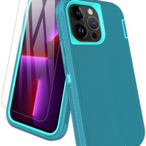 Aliruke for iPhone 13 Pro Max Case, with Screen Protector, Dust-Proof Port Cover, Full-Body Non-Slip Silicone Rubber Covered, Military Grade Drop-Proof Shockproof Phone Case, Mint/Teal