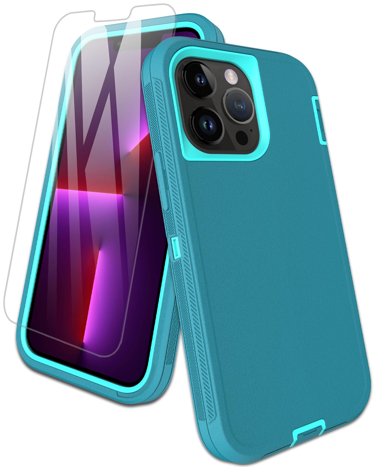 Aliruke for iPhone 13 Pro Max Case, with Screen Protector, Dust-Proof Port Cover, Full-Body Non-Slip Silicone Rubber Covered, Military Grade Drop-Proof Shockproof Phone Case, Mint/Teal