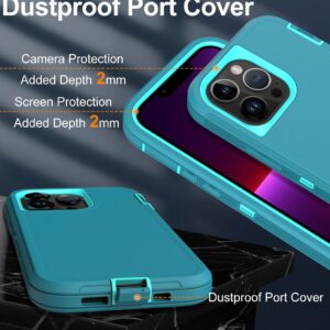 Aliruke for iPhone 13 Pro Max Case, with Screen Protector, Dust-Proof Port Cover, Full-Body Non-Slip Silicone Rubber Covered, Military Grade Drop-Proof Shockproof Phone Case, Mint/Teal