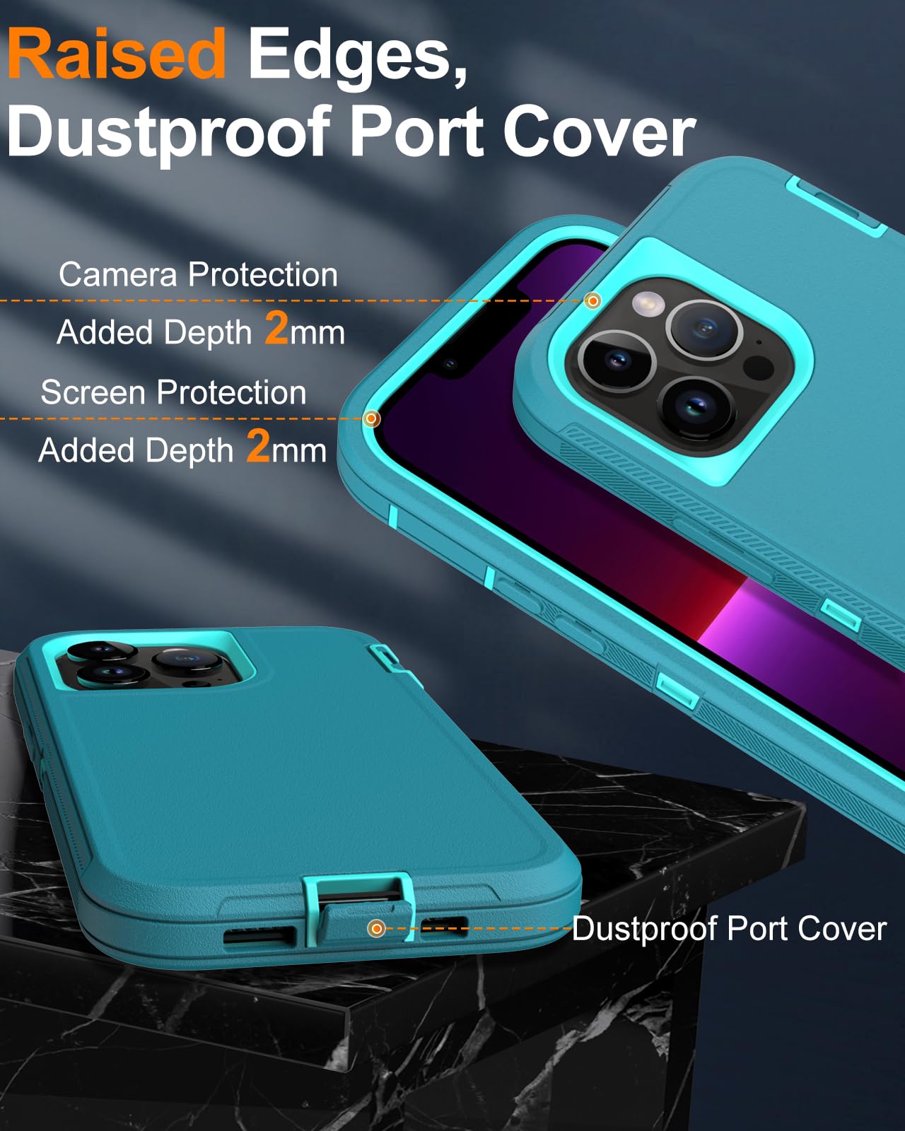 Aliruke for iPhone 13 Pro Max Case, with Screen Protector, Dust-Proof Port Cover, Full-Body Non-Slip Silicone Rubber Covered, Military Grade Drop-Proof Shockproof Phone Case, Mint/Teal