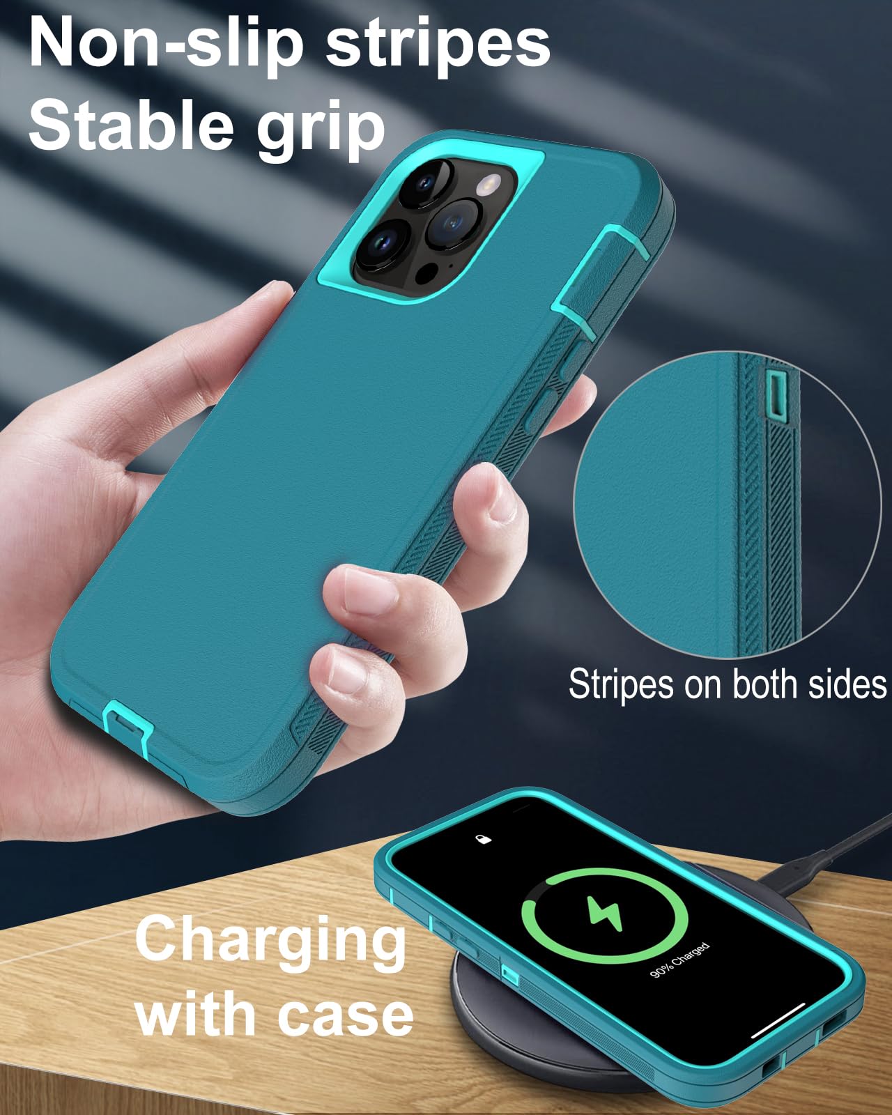 Aliruke for iPhone 13 Pro Max Case, with Screen Protector, Dust-Proof Port Cover, Full-Body Non-Slip Silicone Rubber Covered, Military Grade Drop-Proof Shockproof Phone Case, Mint/Teal