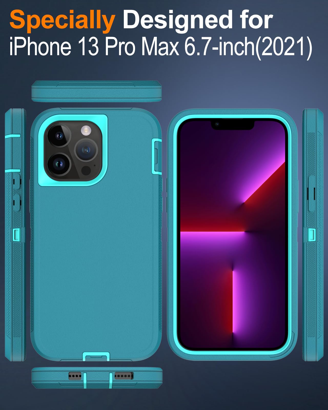 Aliruke for iPhone 13 Pro Max Case, with Screen Protector, Dust-Proof Port Cover, Full-Body Non-Slip Silicone Rubber Covered, Military Grade Drop-Proof Shockproof Phone Case, Mint/Teal