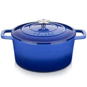 velaze 6 qt enameled dutch oven pot with lid, cast iron dutch oven with dual handles for sourdough bread baking, cooking, non-stick enamel coated cookware (blue)