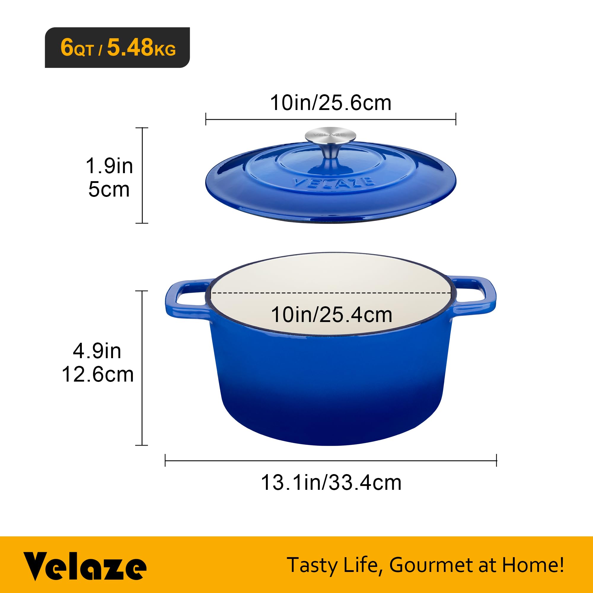 Velaze 6 QT Enameled Dutch Oven Pot with Lid, Cast Iron Dutch Oven with Dual Handles for Sourdough Bread Baking, Cooking, Non-stick Enamel Coated Cookware (Blue)