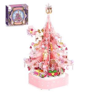 yiletkc pink crystal christmas tree building block set, 675 pcs christmas music box bricks model kit, construction toy for adults girls