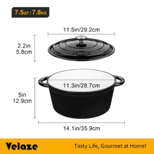 Velaze 7.5 QT Dutch Oven Pot with Lid, Enameled Cast Iron Dutch Oven with Dual Handles for Sourdough Bread Baking, Cooking, Non-stick Enamel Coated Cookware (Black)