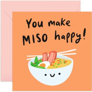 old english co. cute card for girlfriend or boyfriend - 'you make miso happy' funny card for husband or wife - birthday, anniversary, just because | blank inside envelope