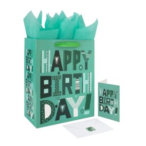 13" Large Green Gift Bags Set with Greeting Card and Tissue Papers (Green Happy Birthday) for Men's or Women's Birthday Parties, Boys', Girls', or Kids' Parties, Baby Showers, Baby Boys or Girls-