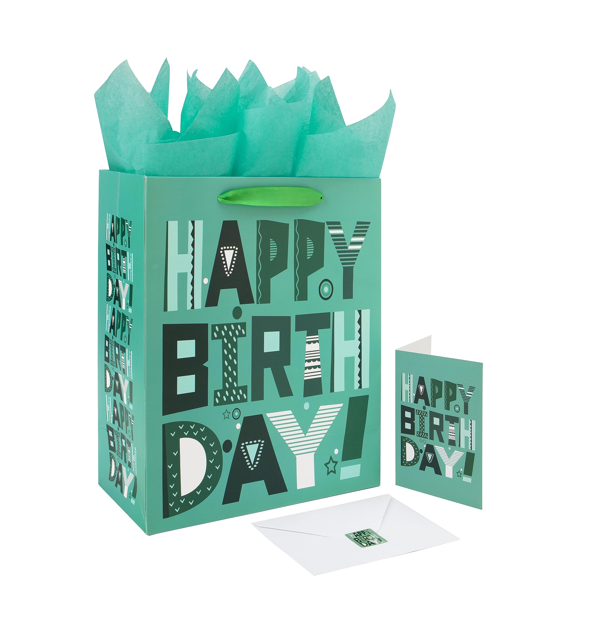 13" Large Green Gift Bags Set with Greeting Card and Tissue Papers (Green Happy Birthday) for Men's or Women's Birthday Parties, Boys', Girls', or Kids' Parties, Baby Showers, Baby Boys or Girls-