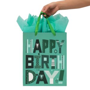 13" Large Green Gift Bags Set with Greeting Card and Tissue Papers (Green Happy Birthday) for Men's or Women's Birthday Parties, Boys', Girls', or Kids' Parties, Baby Showers, Baby Boys or Girls-