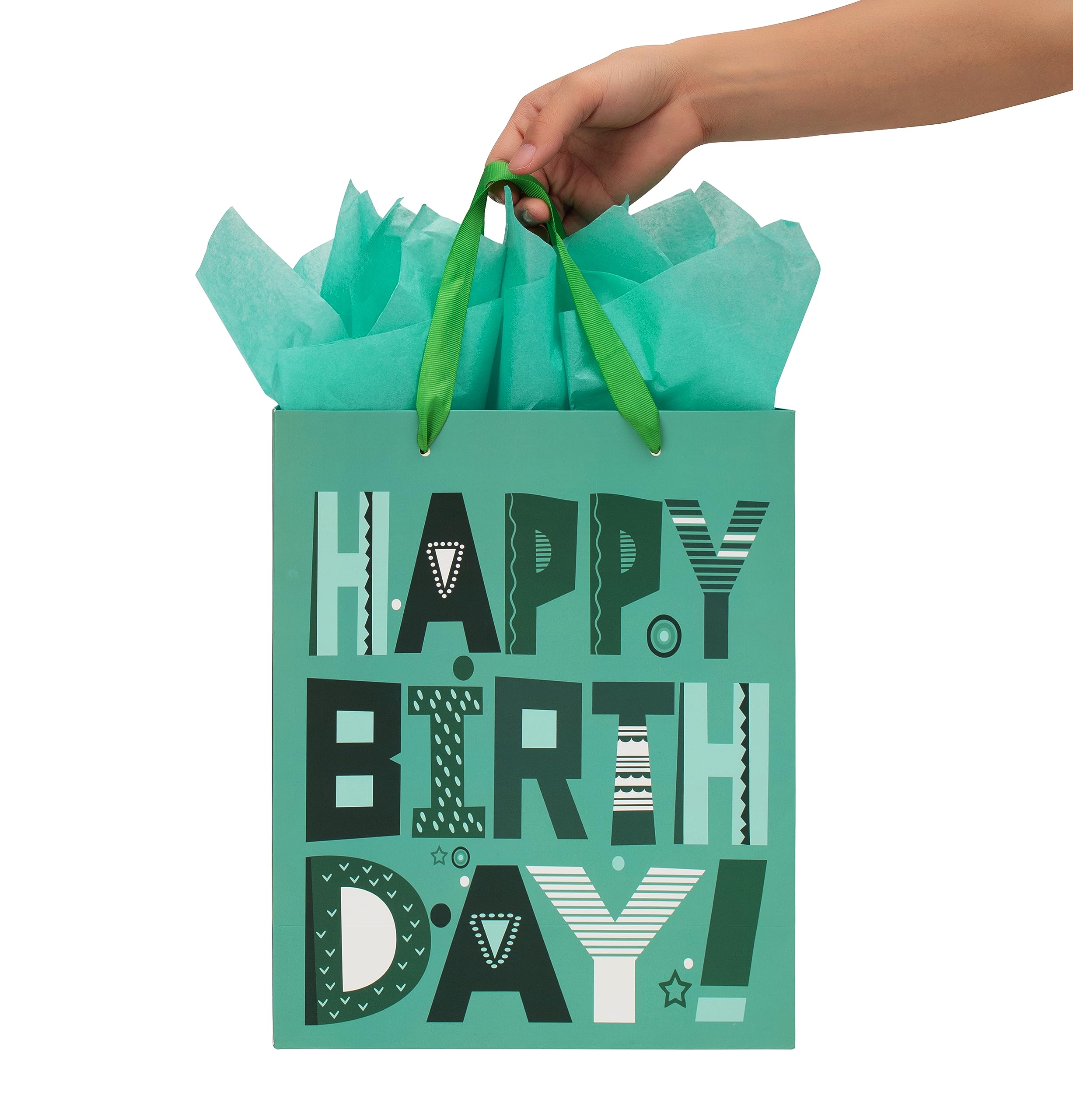 13" Large Green Gift Bags Set with Greeting Card and Tissue Papers (Green Happy Birthday) for Men's or Women's Birthday Parties, Boys', Girls', or Kids' Parties, Baby Showers, Baby Boys or Girls-