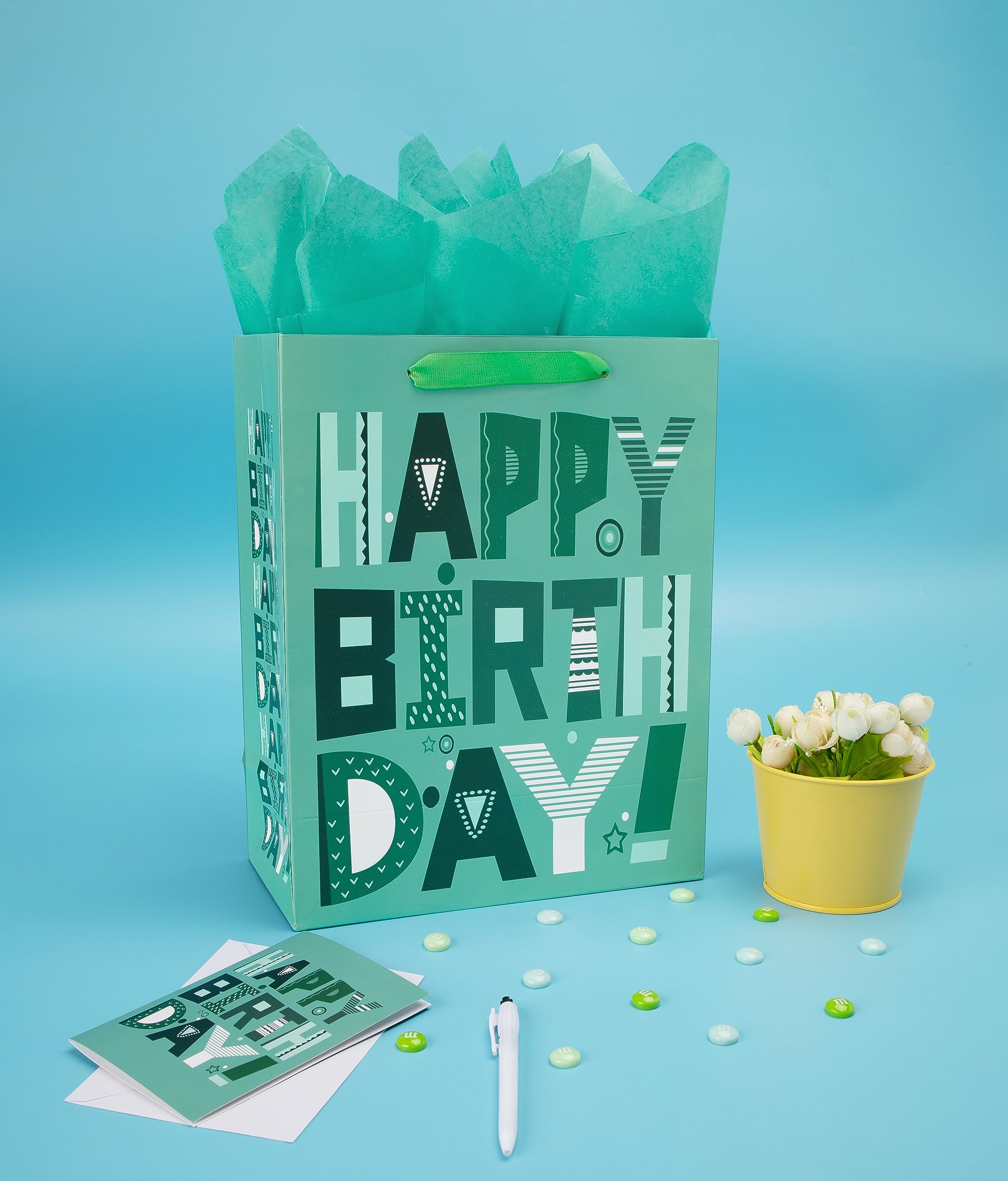 13" Large Green Gift Bags Set with Greeting Card and Tissue Papers (Green Happy Birthday) for Men's or Women's Birthday Parties, Boys', Girls', or Kids' Parties, Baby Showers, Baby Boys or Girls-