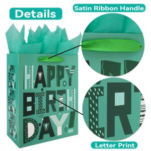 13" Large Green Gift Bags Set with Greeting Card and Tissue Papers (Green Happy Birthday) for Men's or Women's Birthday Parties, Boys', Girls', or Kids' Parties, Baby Showers, Baby Boys or Girls-