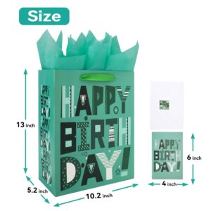 13" Large Green Gift Bags Set with Greeting Card and Tissue Papers (Green Happy Birthday) for Men's or Women's Birthday Parties, Boys', Girls', or Kids' Parties, Baby Showers, Baby Boys or Girls-