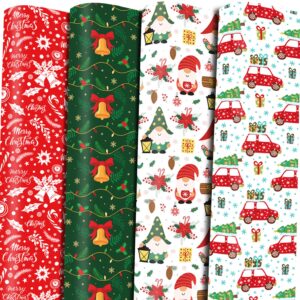 riukraiu christmas wrapping paper for kids men women gift's.xmas design-gift wrap contain tree car snowflake gnome small bell&merry christmas font.8 sheets 20 x 29 inch, folded flat not roll…