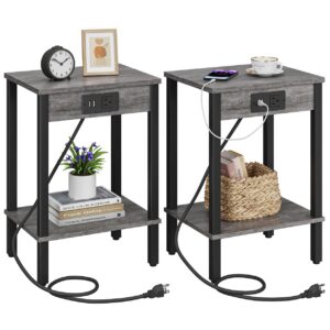 vimber set of 2 end table with charging station, narrow side table with usb ports and outlets, nightstands with 2-tier storage shelves, sofa table for small space living room bedroom, grey