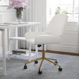 martha stewart tyla armless swivel task chair for home office in white faux leather with polished brass frame