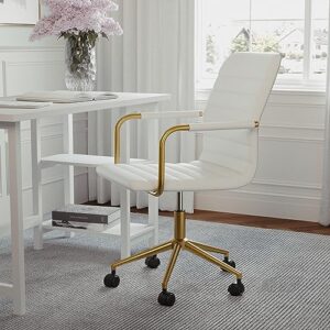 martha stewart taytum swivel task chair with armrests for home office in white faux leather with polished brass frame