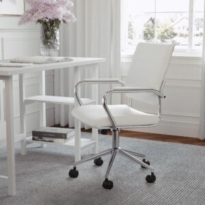 martha stewart piper swivel task chair with armrests for home office in white faux leather with polished nickel frame