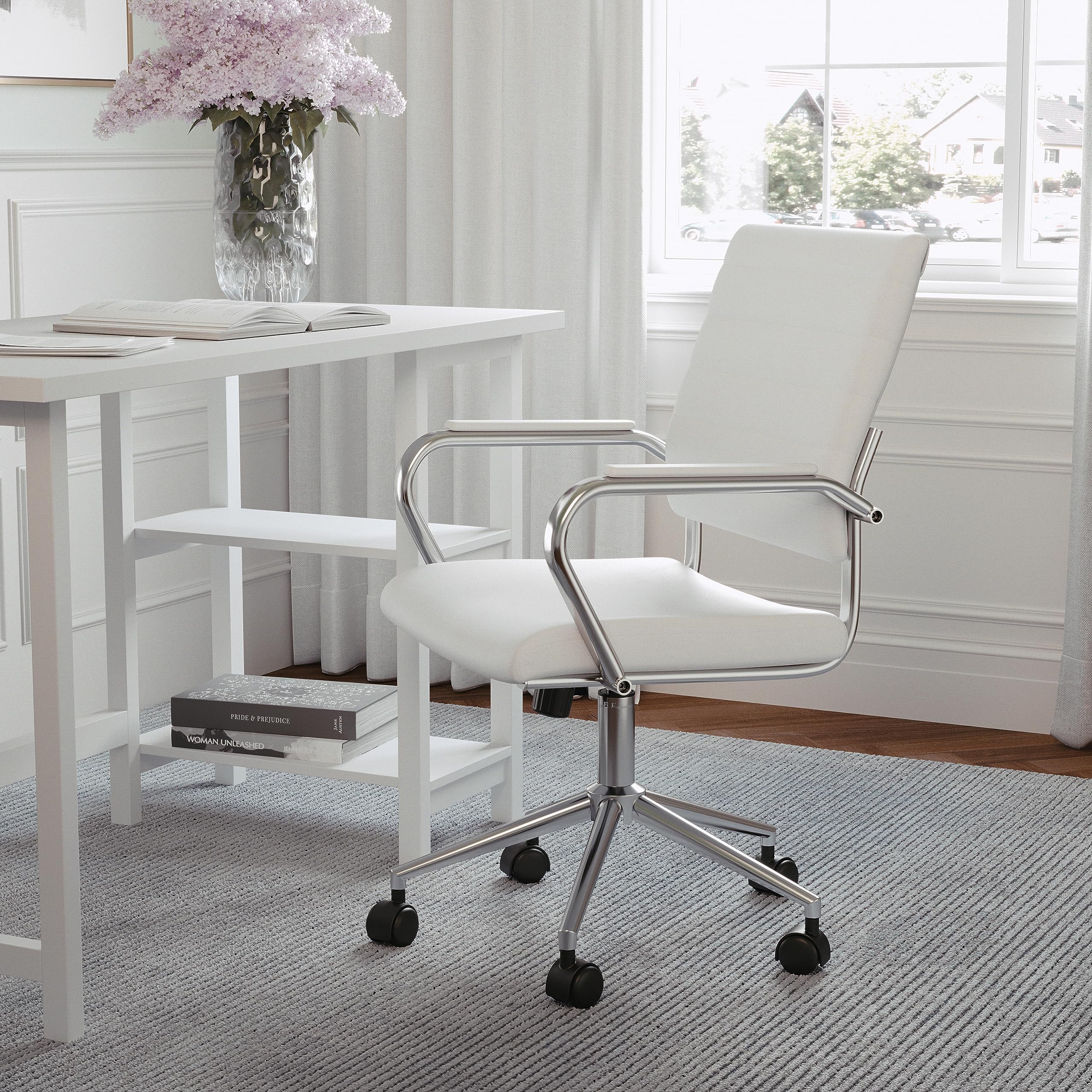 Martha Stewart Piper Swivel Task Chair with Armrests for Home Office in White Faux Leather with Polished Nickel Frame