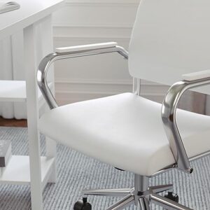 Martha Stewart Piper Swivel Task Chair with Armrests for Home Office in White Faux Leather with Polished Nickel Frame