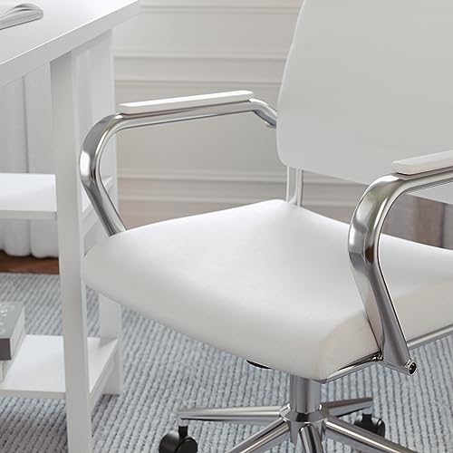 Martha Stewart Piper Swivel Task Chair with Armrests for Home Office in White Faux Leather with Polished Nickel Frame