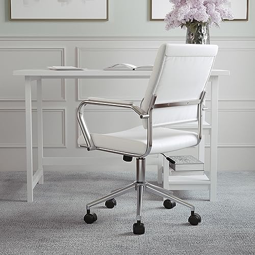 Martha Stewart Piper Swivel Task Chair with Armrests for Home Office in White Faux Leather with Polished Nickel Frame