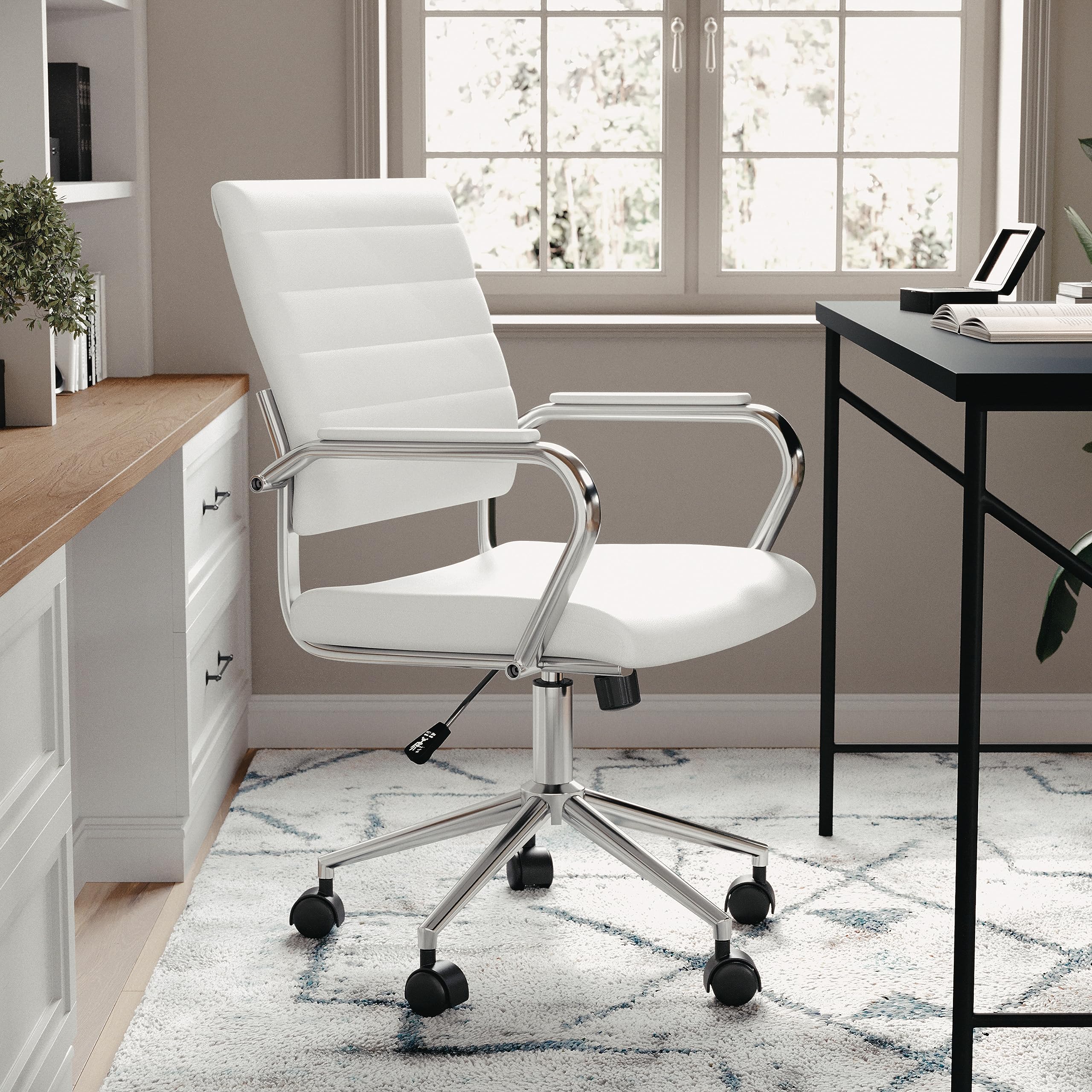 Martha Stewart Piper Swivel Task Chair with Armrests for Home Office in White Faux Leather with Polished Nickel Frame