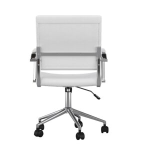 Martha Stewart Piper Swivel Task Chair with Armrests for Home Office in White Faux Leather with Polished Nickel Frame