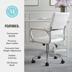 Martha Stewart Piper Swivel Task Chair with Armrests for Home Office in White Faux Leather with Polished Nickel Frame