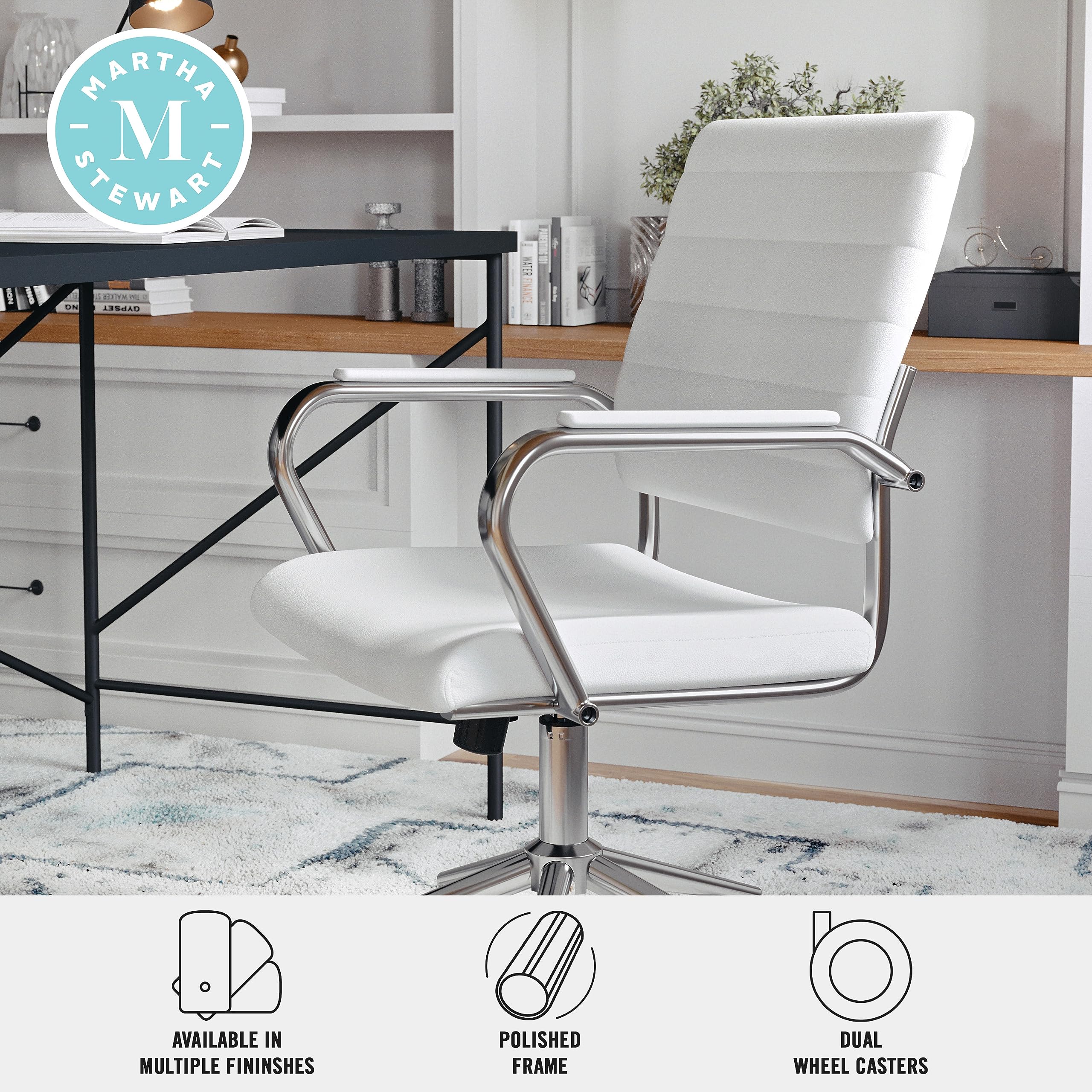 Martha Stewart Piper Swivel Task Chair with Armrests for Home Office in White Faux Leather with Polished Nickel Frame