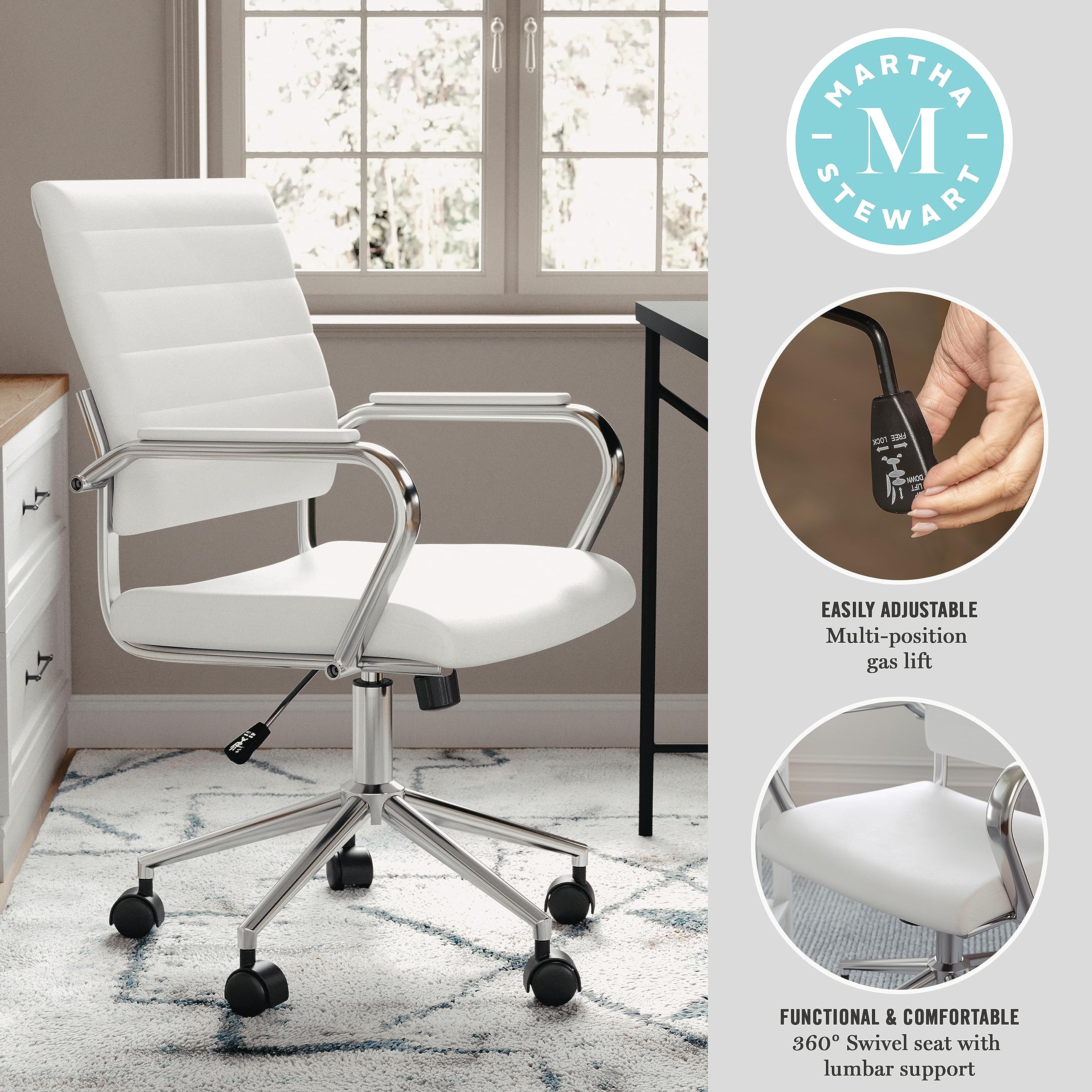 Martha Stewart Piper Swivel Task Chair with Armrests for Home Office in White Faux Leather with Polished Nickel Frame