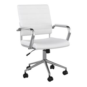 Martha Stewart Piper Swivel Task Chair with Armrests for Home Office in White Faux Leather with Polished Nickel Frame