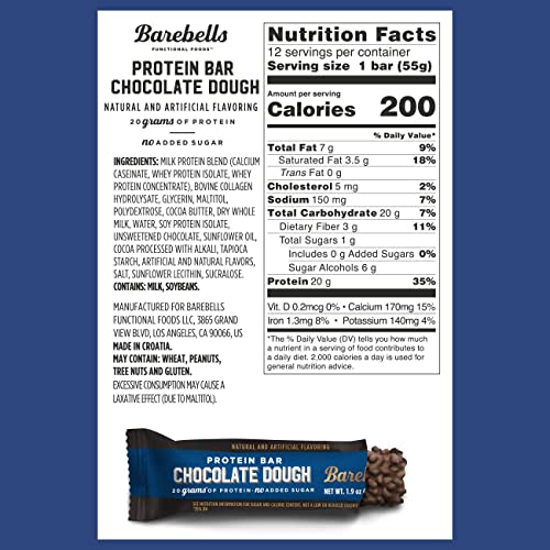 Barebells Protein Bars Chocolate Dough with 1g of Total Sugars - 12 Count, 1.9oz Bars - Snacks with 20g of High Protein - On The Go Protein Snack & Breakfast Bars