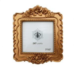 zxt-parts 3x3 picture frame square gold vintage frame. resin handmade photo frame. glass panel. black suede cover. european style suitable for wall or desktop.