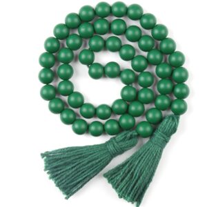 ramirabi st patrick's day wood beads garland with tassels farmhouse beads rustic prayer beads boho beads for boho home decor,wall hanging decoration (deep green)