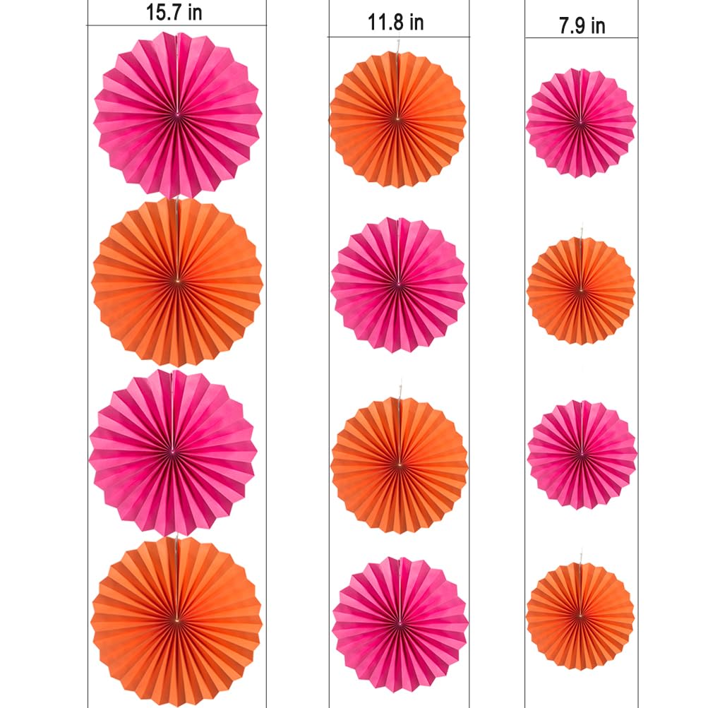 MOWO Hot Pink and Orange Paper Fans Wall Decoration Background Ceiling Hanging Decoration for Fall Autumn Thank's Giving Baby Shower Graduation Birthday Theme Party Decoration, 12pc