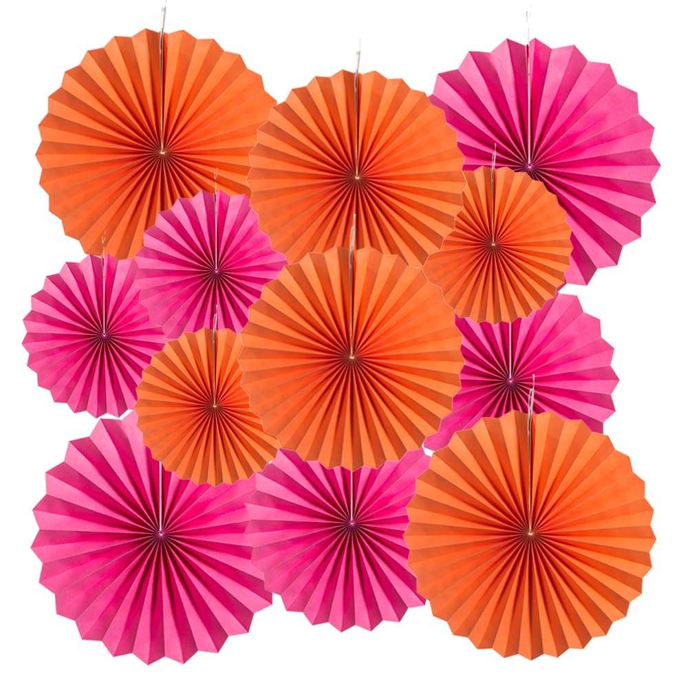 MOWO Hot Pink and Orange Paper Fans Wall Decoration Background Ceiling Hanging Decoration for Fall Autumn Thank's Giving Baby Shower Graduation Birthday Theme Party Decoration, 12pc