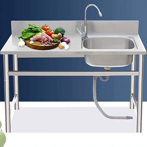 HCZION Industrial Sink W/Workbench Utility Sink Freestanding Stainless Steel Sink Commercial Restaurant Sink 1 Compartment Washing Hand Basin with Storage Shelves (Color : Cold Water)