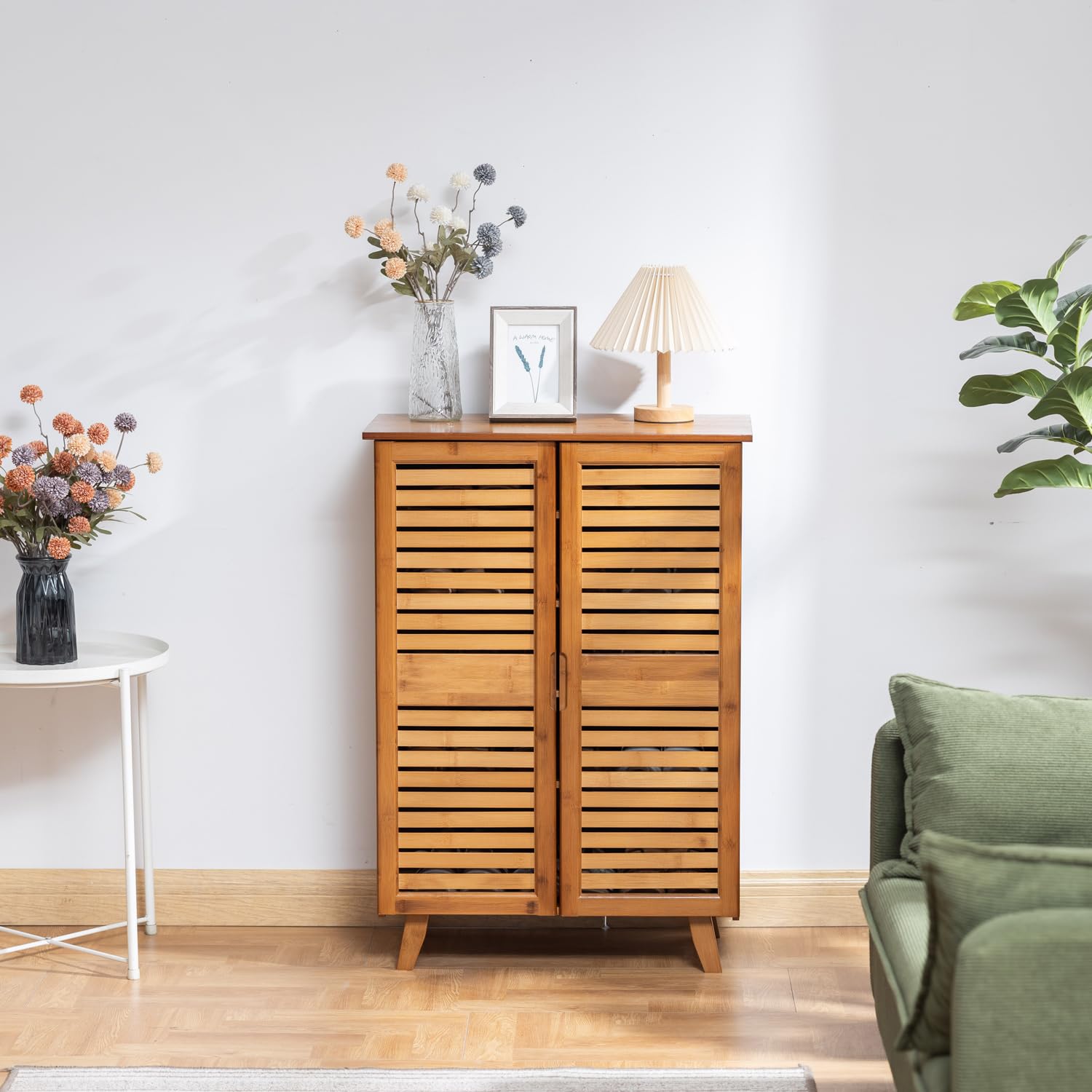 Shoe Storage Cabinet, 4 Tier 5 tier Bamboo Shoe Organizer with Doors, Shoe Cabinet with 2 Doors for Entryway, 4 Tier Shoe Storage Cabinet for Closet, Living Room, Bedroom